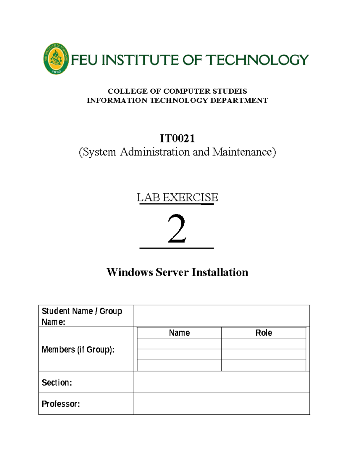 IT0021 Lab Exercise 2: Windows Server 2025 Installation Guide - Studocu