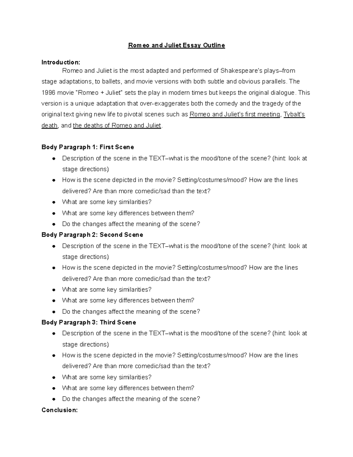 531779 Romeo and Juliet Essay Outline: Analyzing Adaptations - Studocu