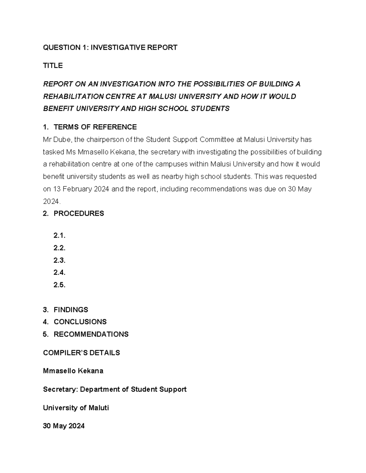 ENN1504 ASS2 - Investigative report on building a rehabilitation centre ...