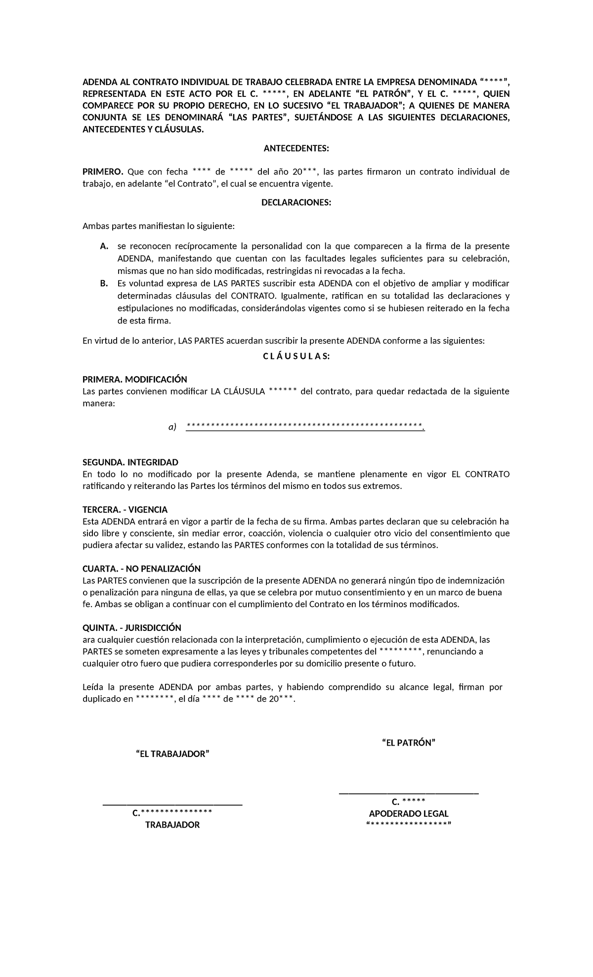Adenda Modelo al Contrato Individual de Trabajo - Studocu