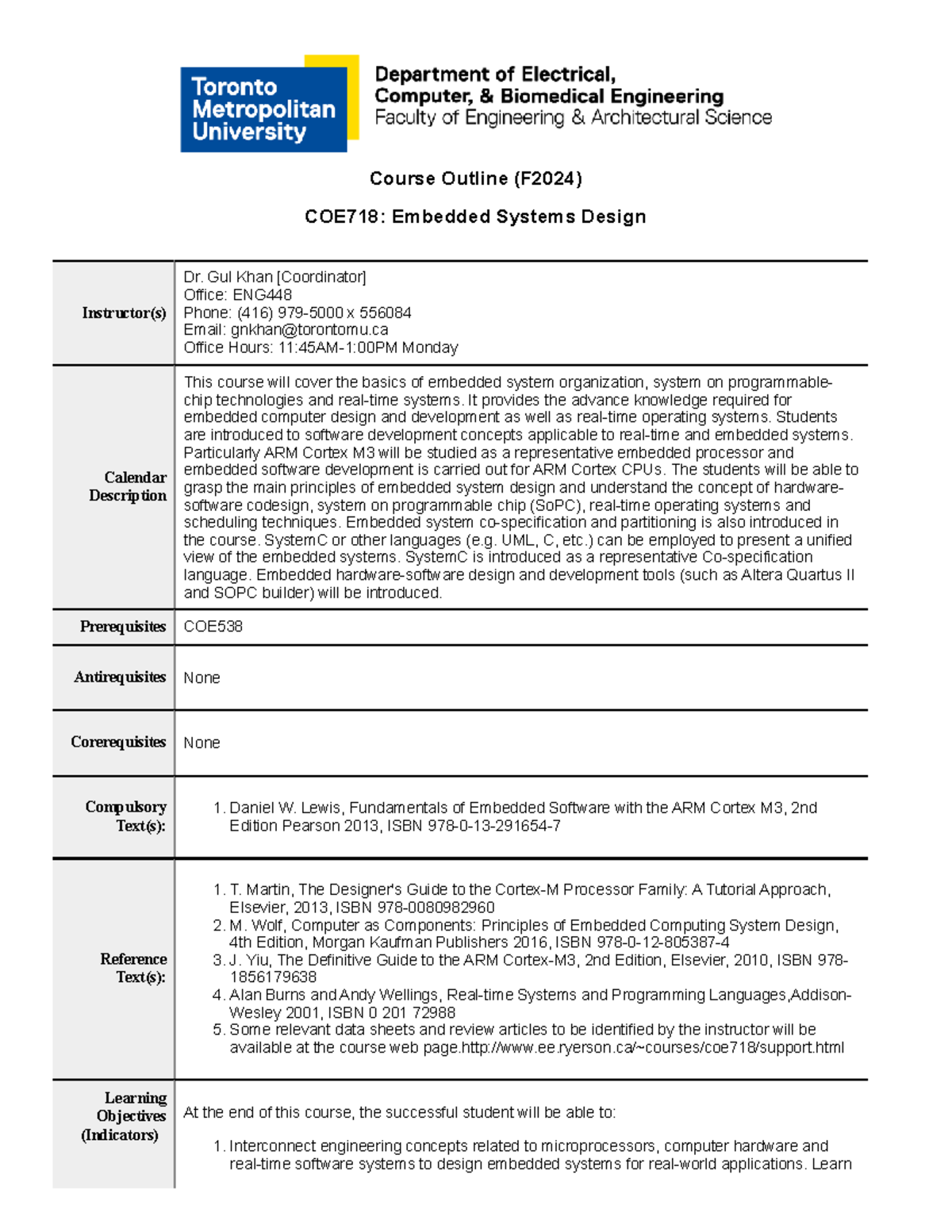 COE718 Course Outline: Embedded Systems Design (F2024) - Studocu