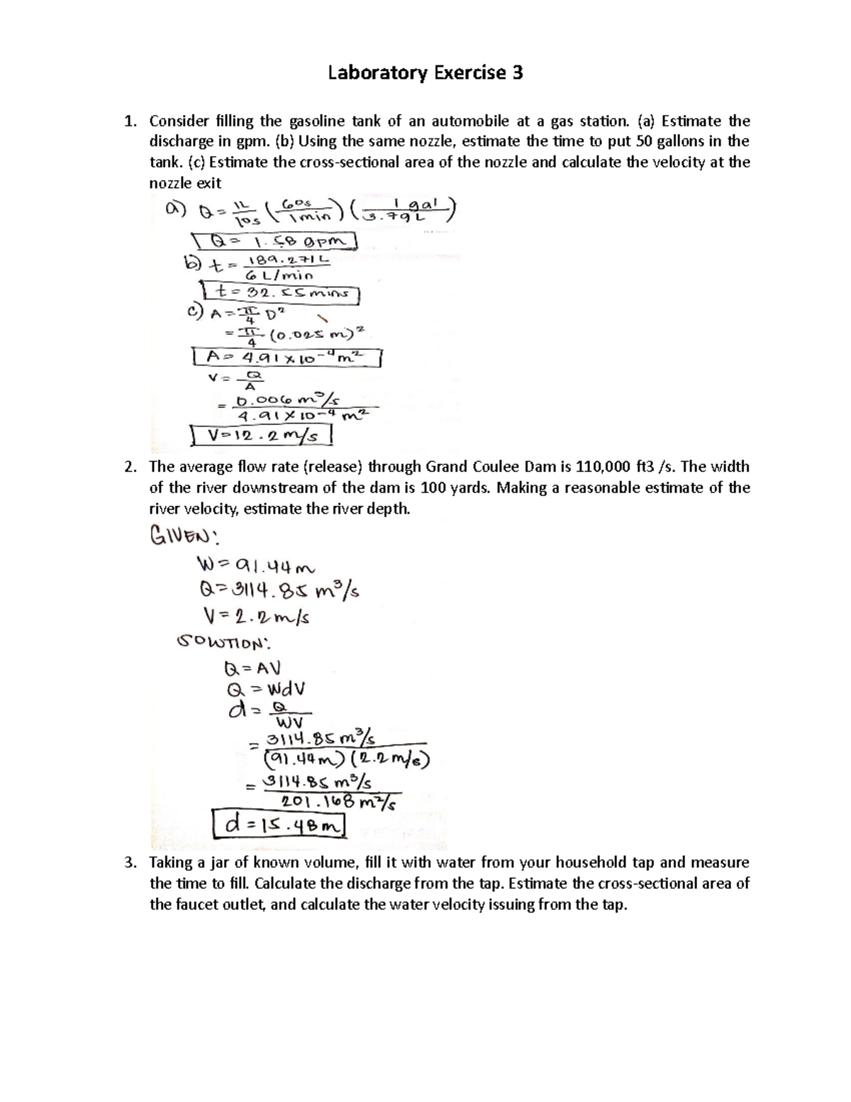 Fluid Mechanics Laboratory Exercise 3: Calculations & Concepts - Studocu