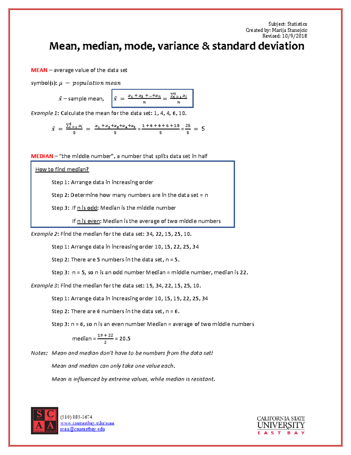 Statistics 101: Mean, Median, Mode, Variance & Standard Deviation Notes ...