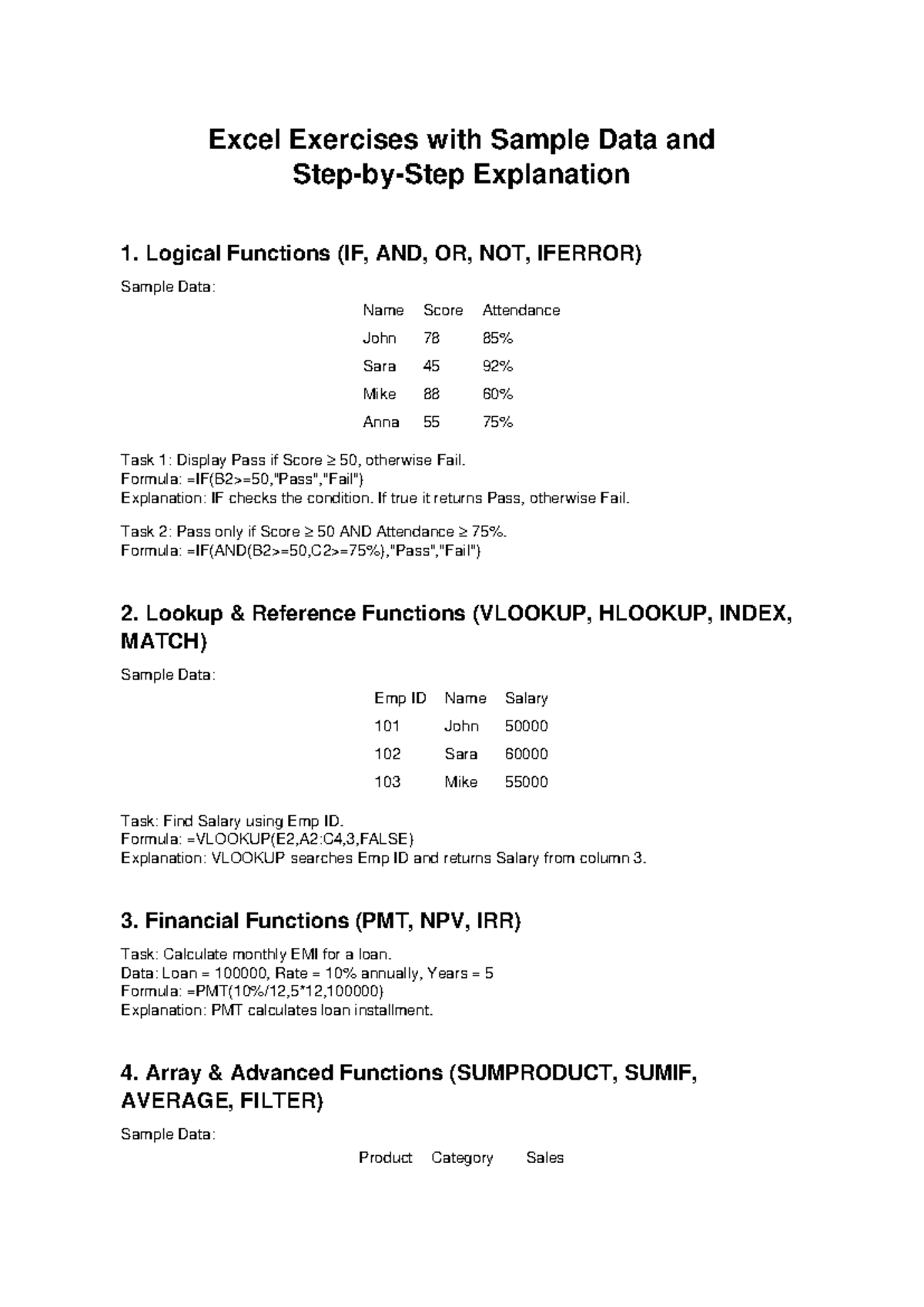 Excel Exercises: Logical, Lookup, Financial & Array Functions - Studocu