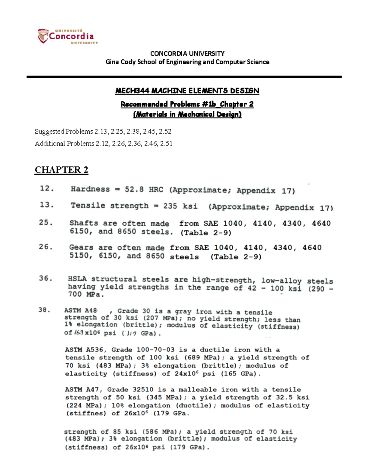 Recommended Problems #1b Ch2 Materials in Mechanical Design - MECH 344 ...