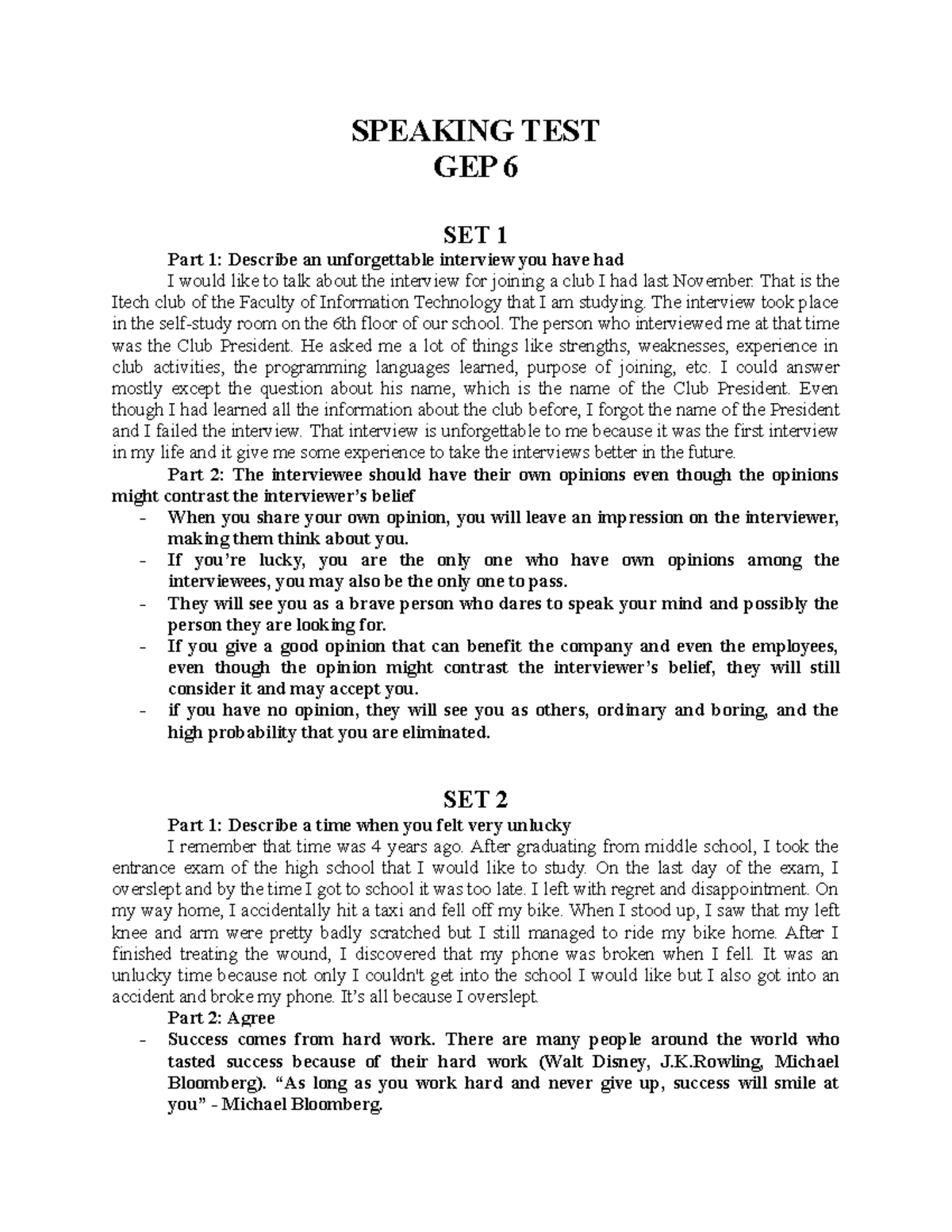 Speaking Test Examples for GEP 6: Unique Interview Experiences - Studocu