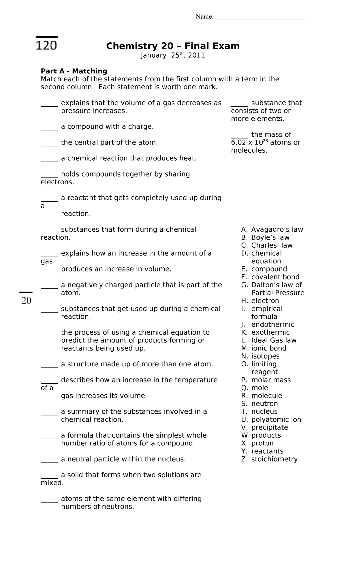 Chemistry 20 Final Exam Review - January 25, 2011 - Studocu