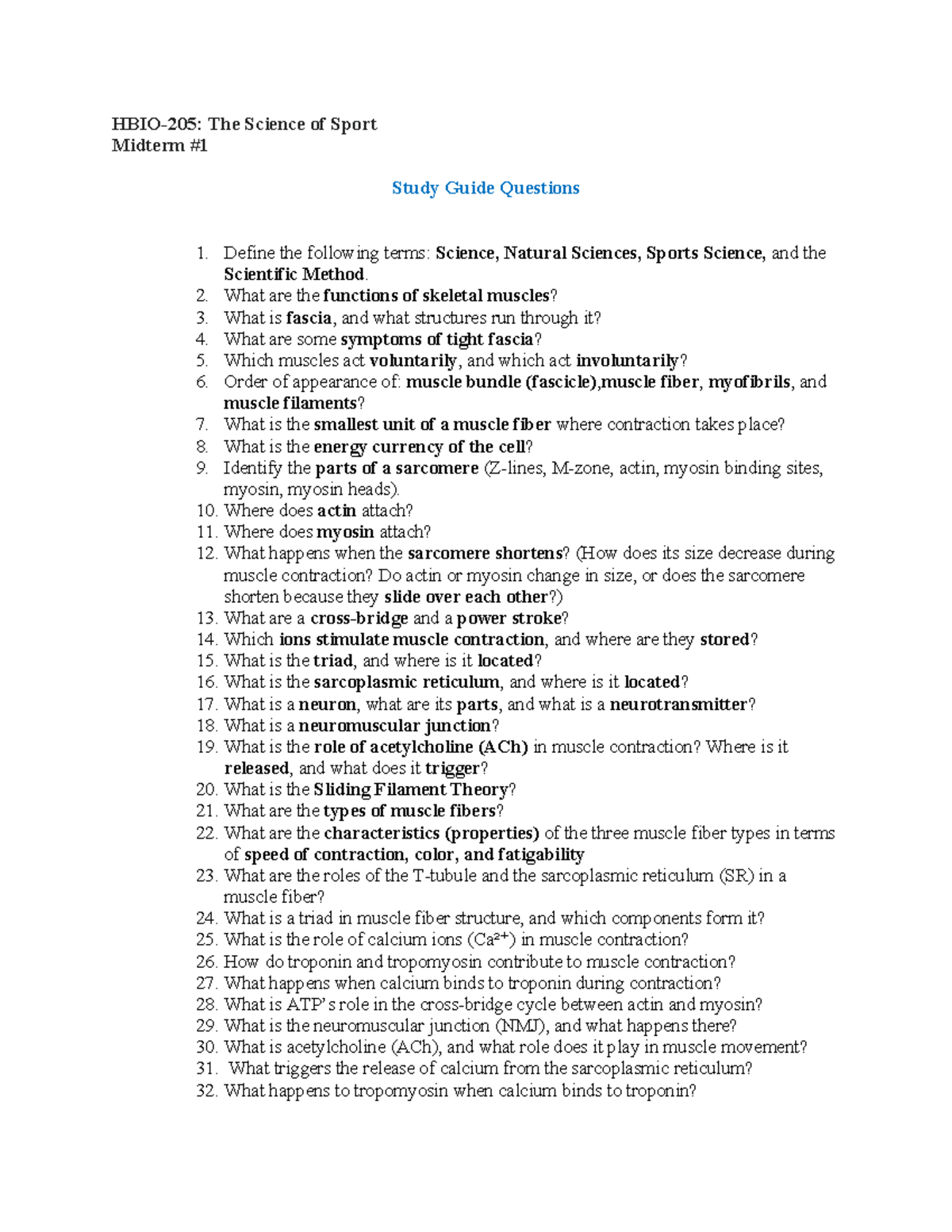 HBIO-205: Midterm #1 Study Guide - Science of Sport & Nutrition - Studocu