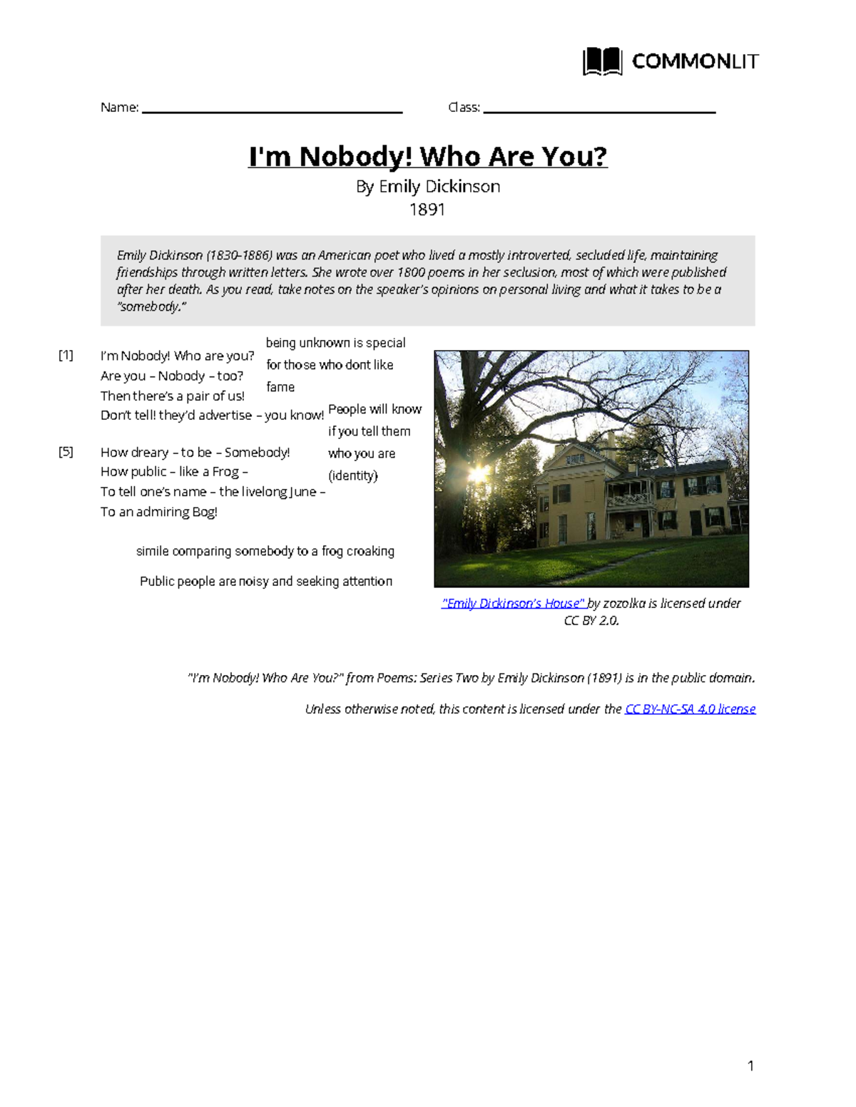 English 101: Analysis of Emily Dickinson's "Nobody! Who Are You?" - Studocu