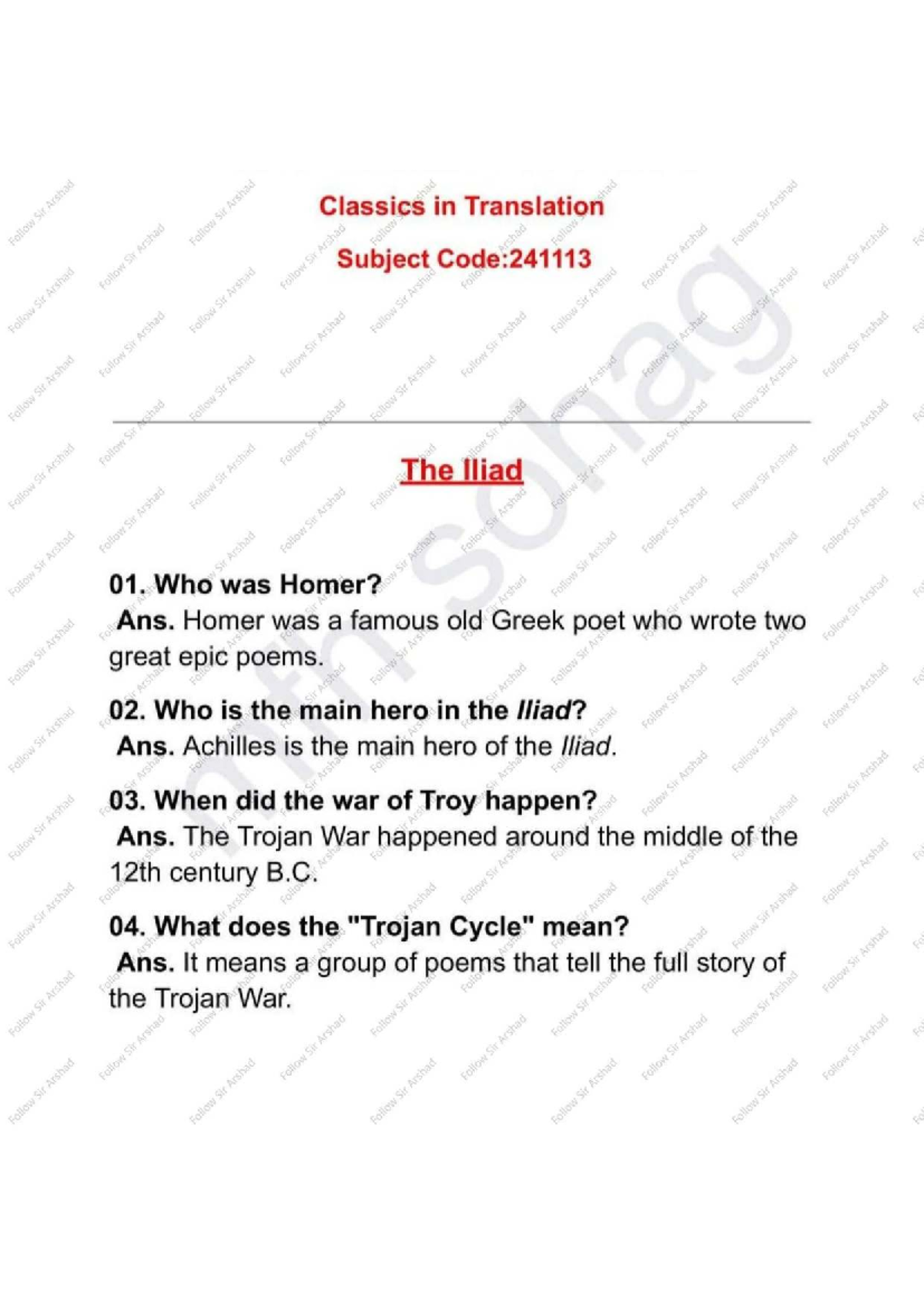 Literature Notes: The Iliad and Greek Tragedy (Course Code: LIT101 ...