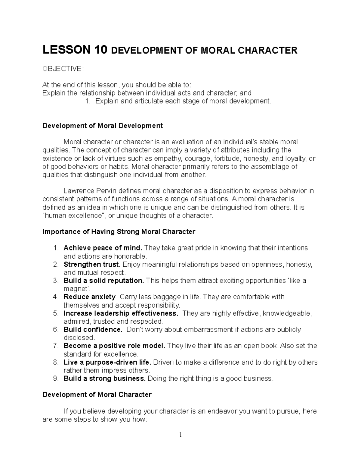 Lesson 10-11: Ethics – Development of Moral Character & Stages - Studocu
