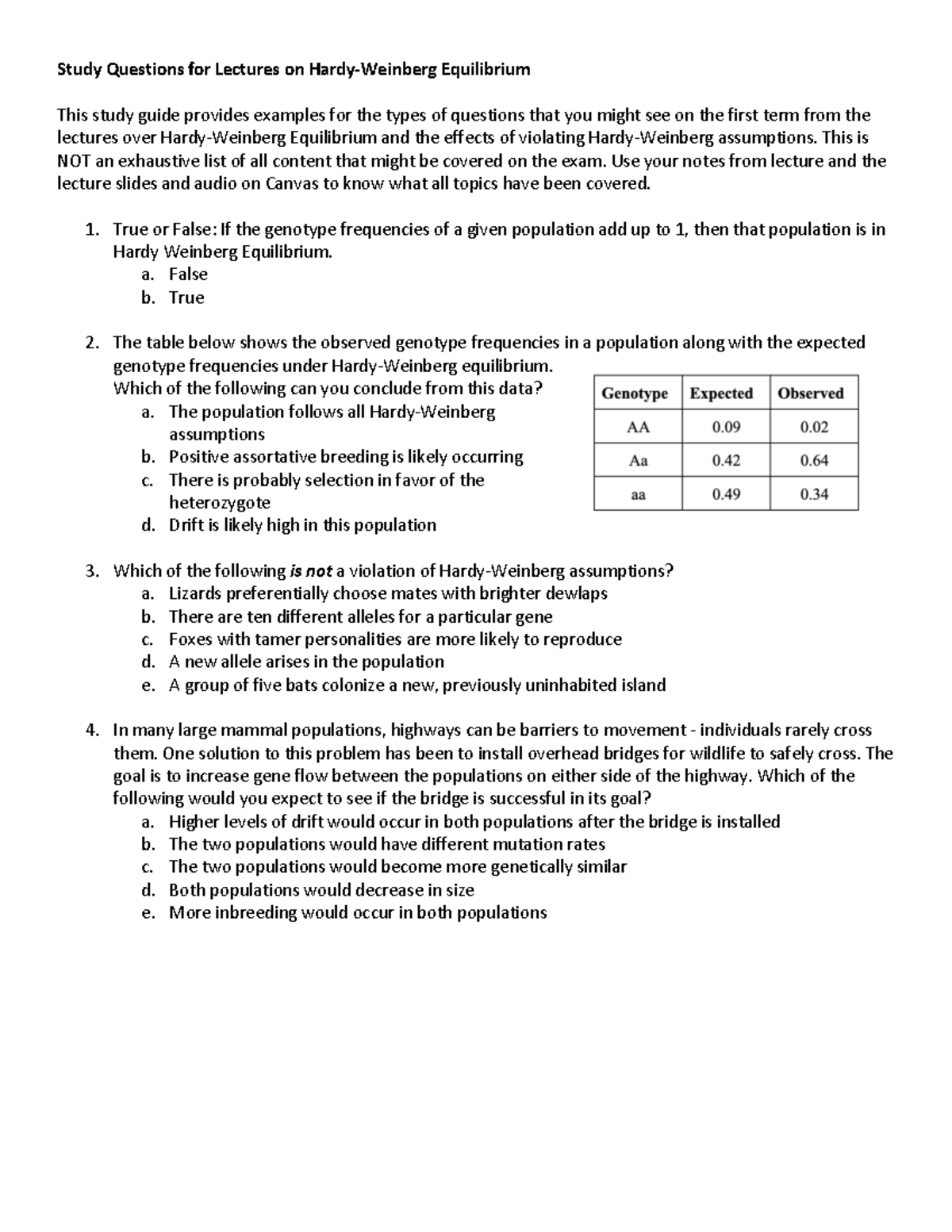 Study Questions for Hardy-Weinberg Equilibrium Lectures - Studocu