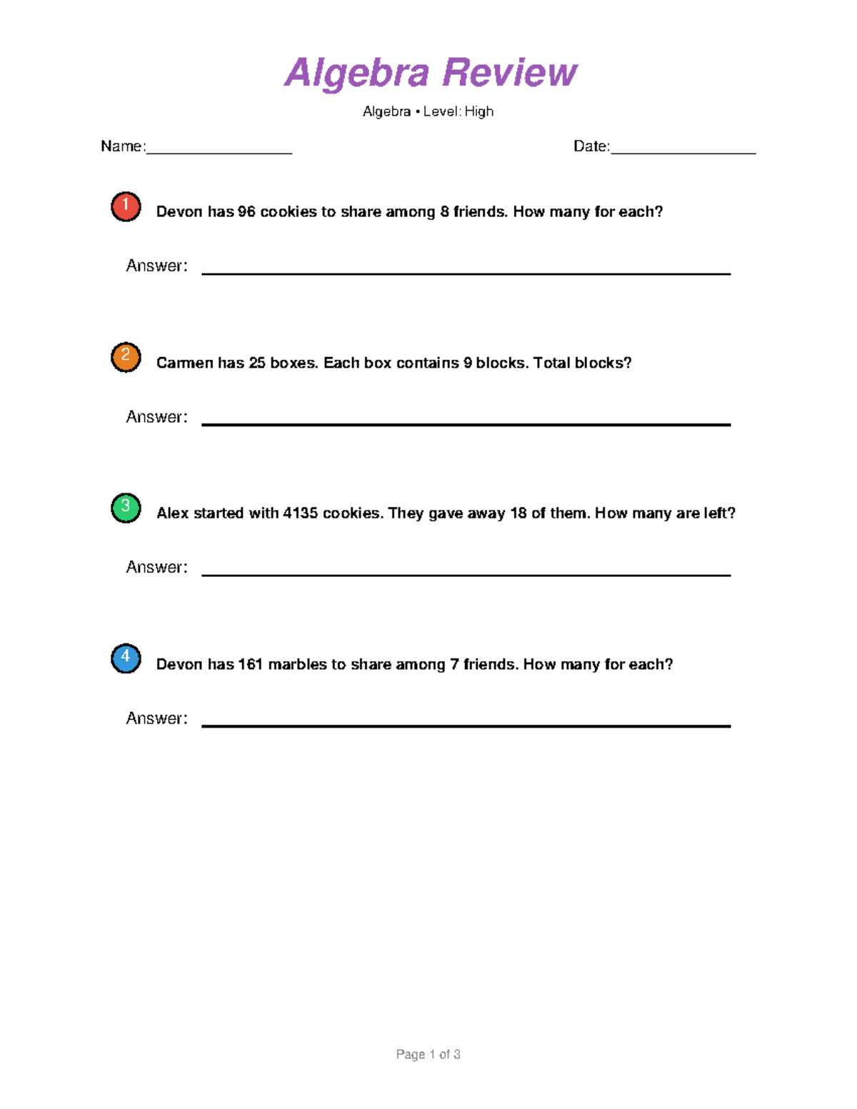 Algebra Review: High Level 1 Practice Problems and Answers - Studocu