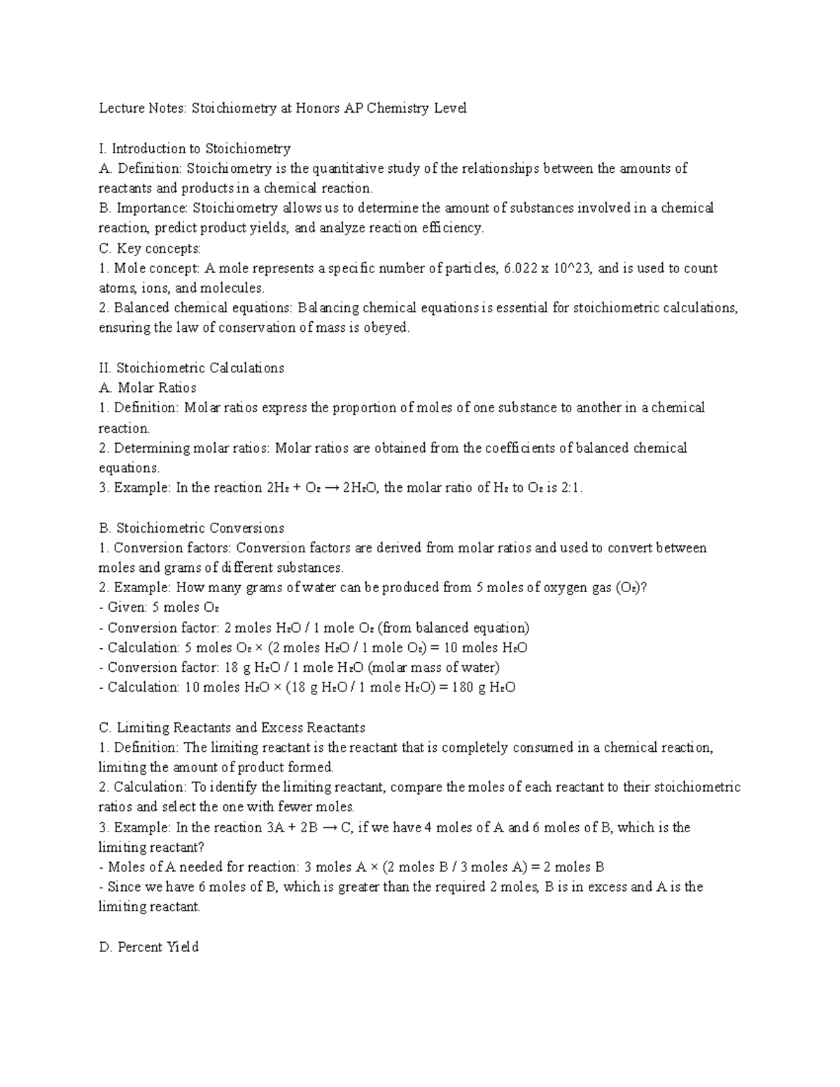 Stoichiometry notes - Lecture Notes: Stoichiometry at Honors AP ...