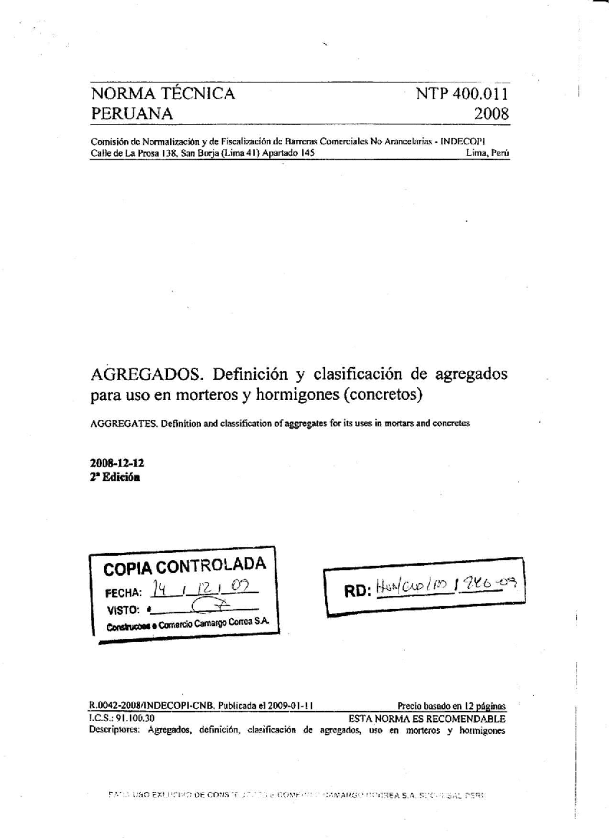 Norma Técnica NTP 400.011: Clasificación de Agregados para Concretos ...