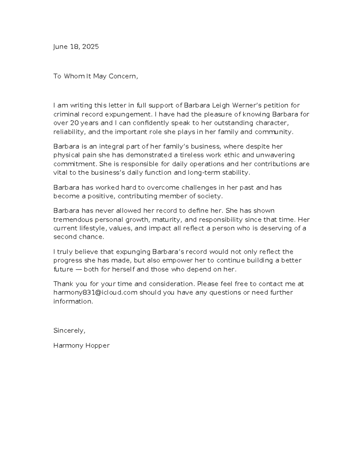 Leigh Character Reference Letter for Expungement Petition - Studocu