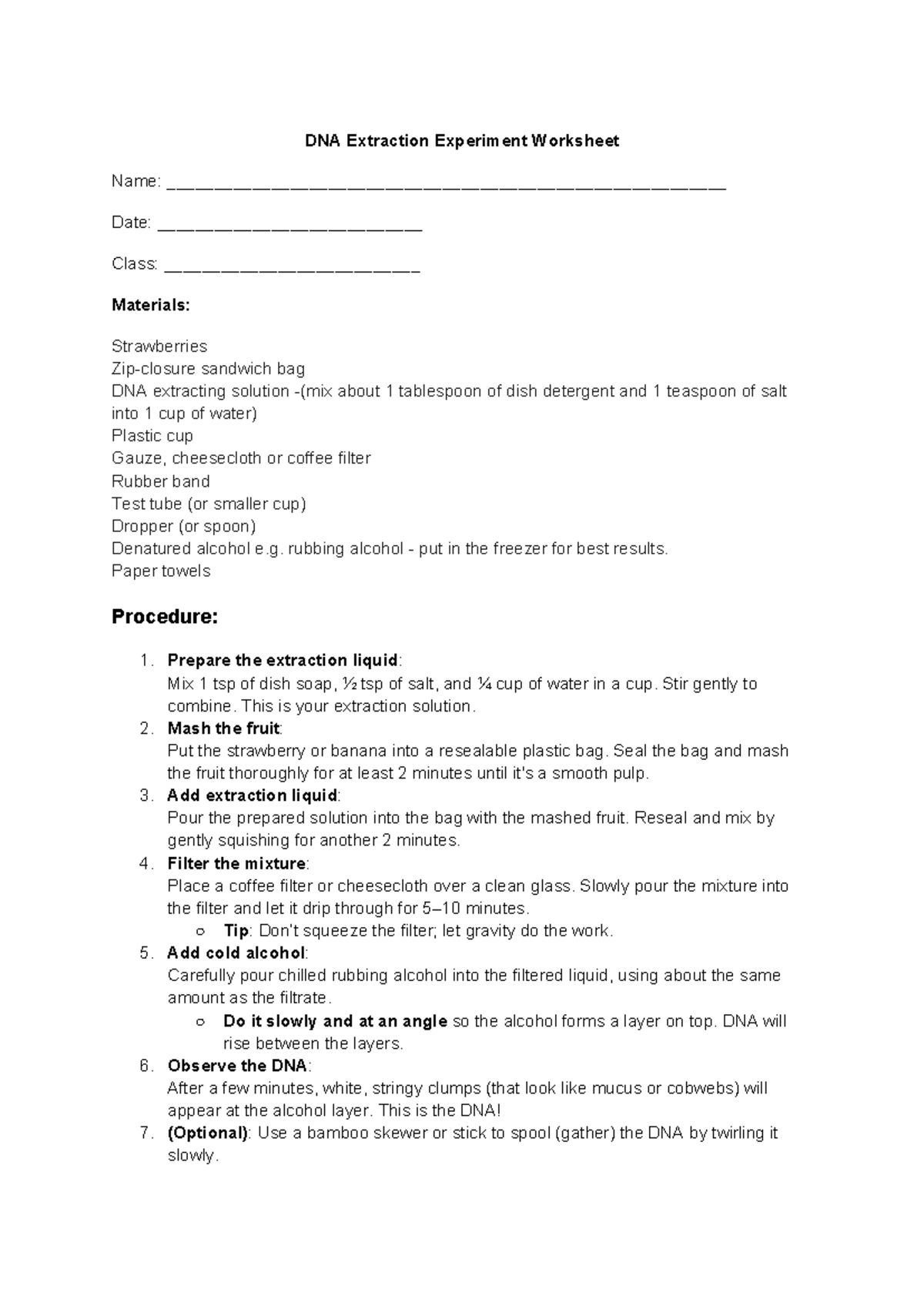 DNA Extraction Experiment Worksheet: Step-by-Step Guide - Studocu
