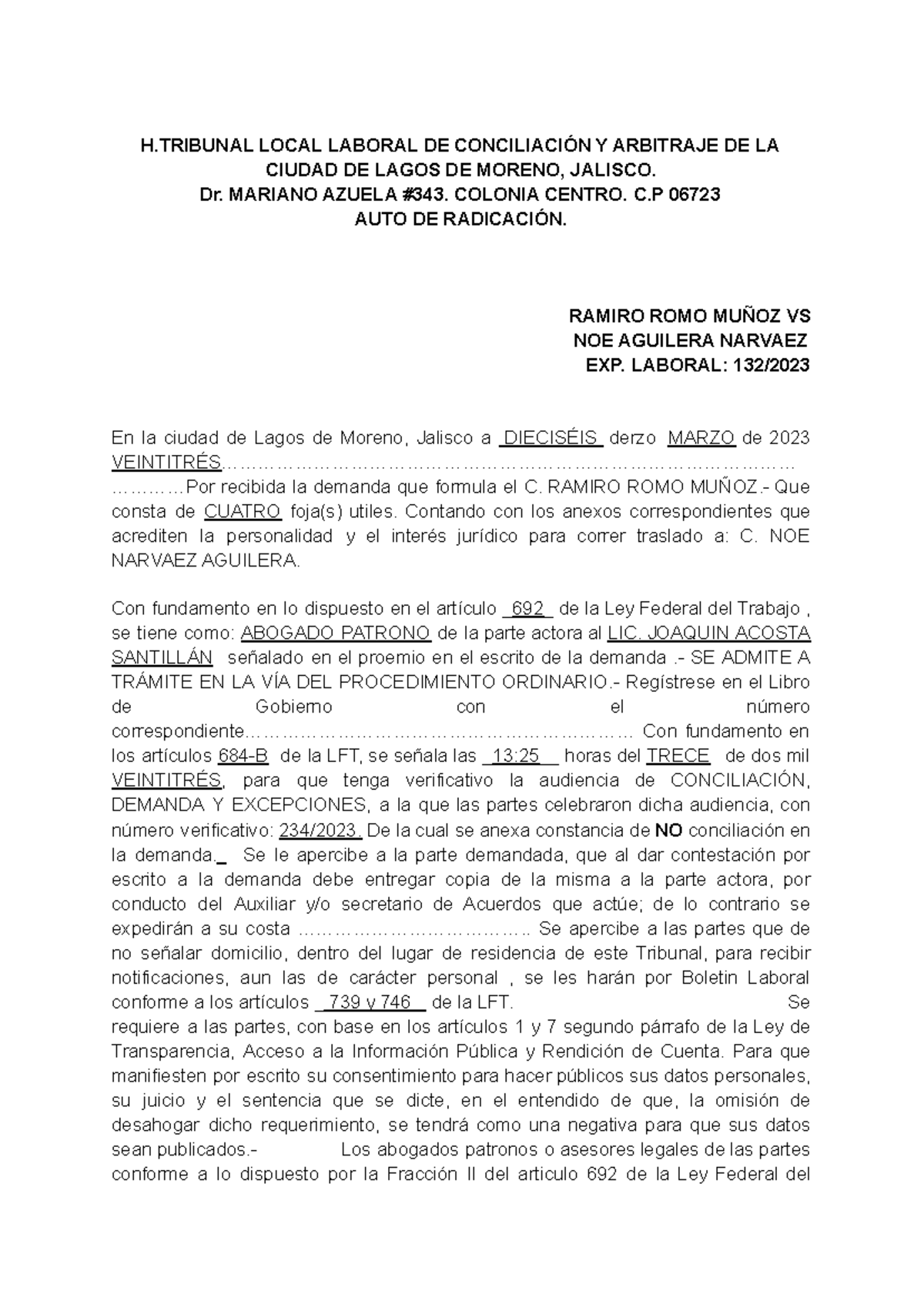 Auto de Radicación: Exp. Laboral 132/2023 - Ramiro Romo vs Noe Aguilera ...