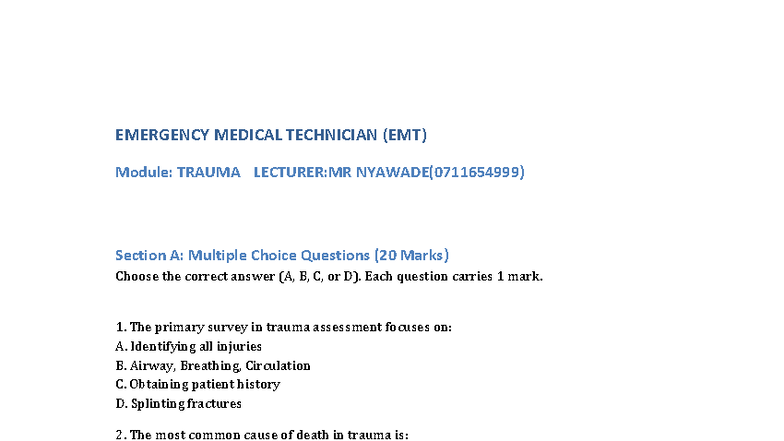 EMT Trauma Revision Material: MCQs & Essay Questions Guide - Studocu