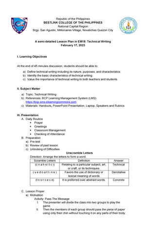 PED9 - LP - WEEK7 - lesson plan - Republic of the Philippines BESTLINK ...