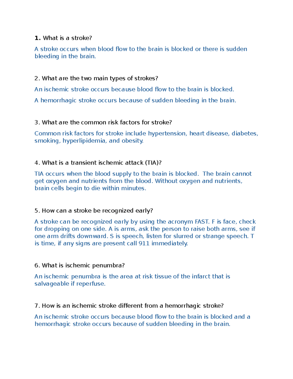 Stroke Overview and Key Questions for Understanding - Studocu