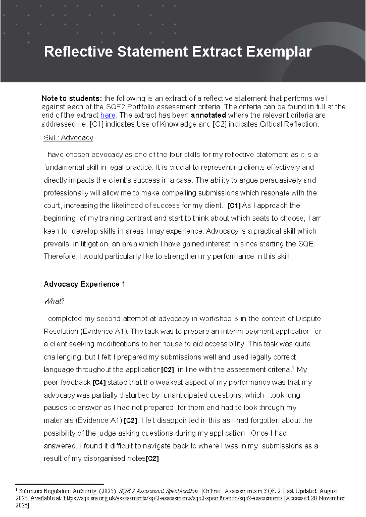 Reflective Statement Extract for SQE2 Portfolio Assessment - Studocu