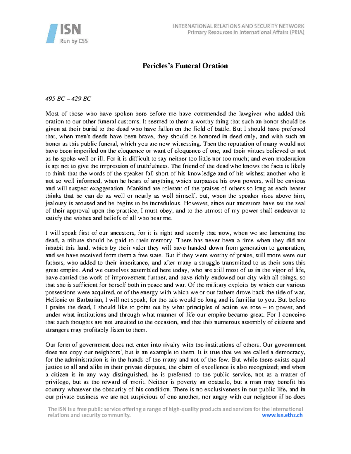 Pericles' Funeral Oration: Valor and Athenian Democracy Analysis (495 ...