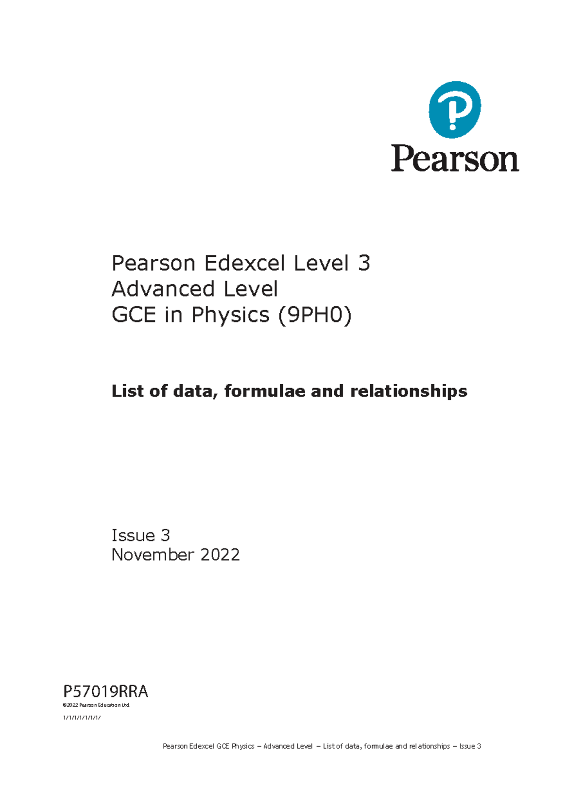 Pearson Edexcel GCE Physics (9PH0) Data, Formulae & Relationships - Studocu