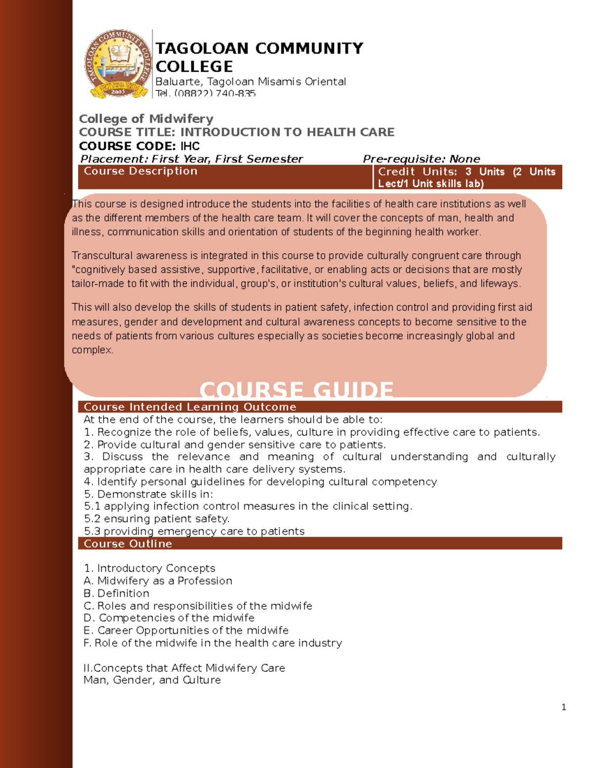 IHC Introduction to Health Care: Course Guide for Midwifery Students ...