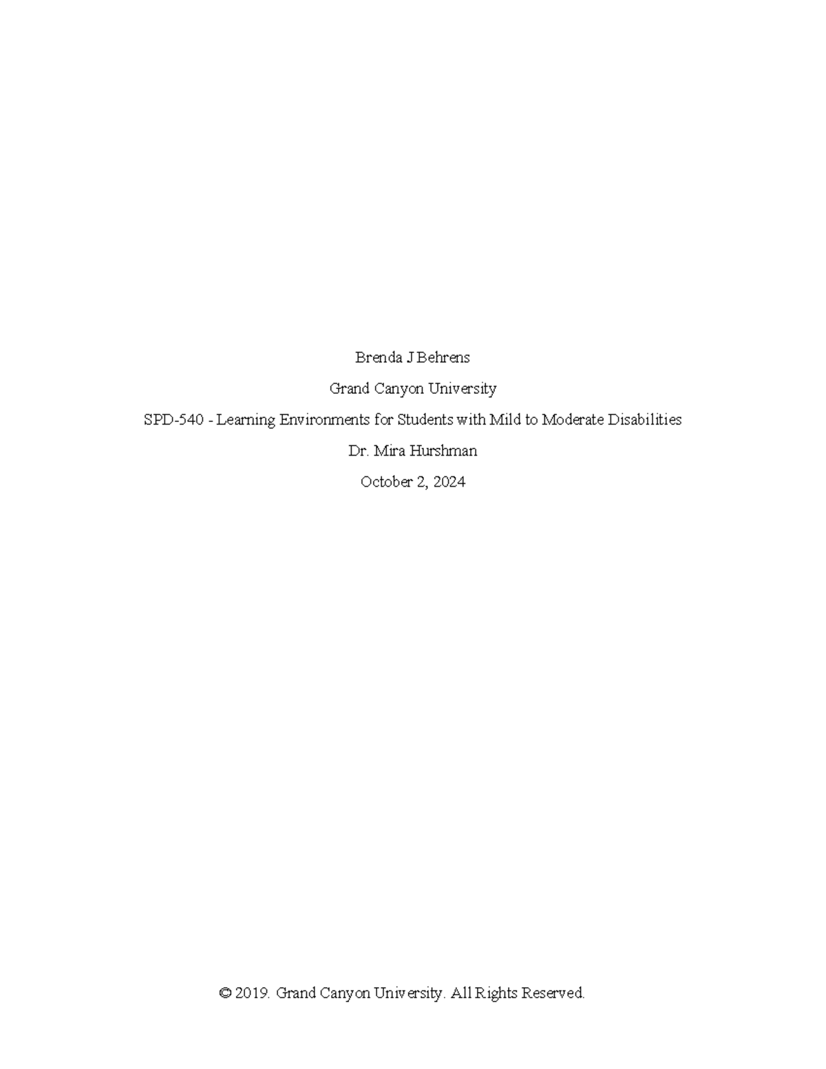 SPD 540 RS Clinical Field Experience A Observation - Brenda J Behrens ...