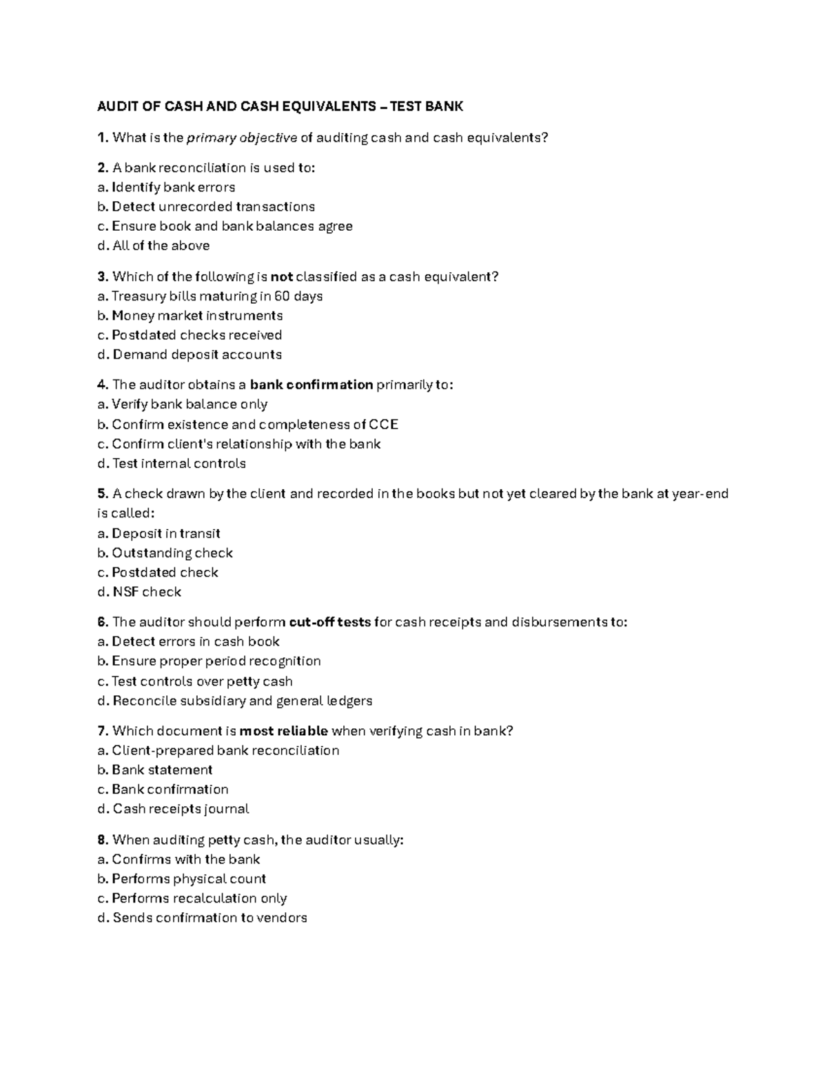 Audit of cash and cash equivalents test bank (CCE) - Studocu