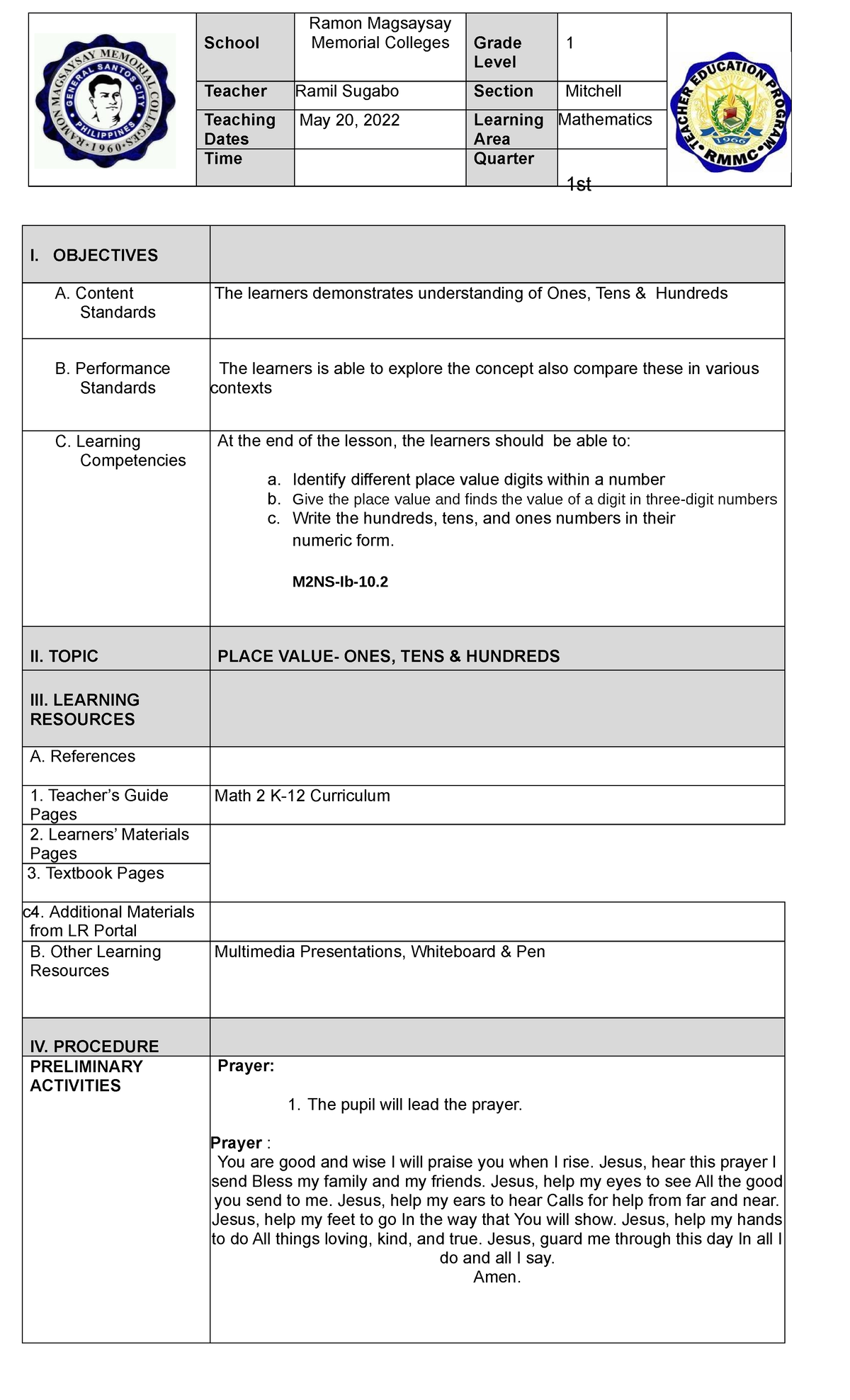 Sugabo Lesson PLAN IN Mathematics Grade 2 - School Ramon Magsaysay Memorial Colleges Grade Level ...