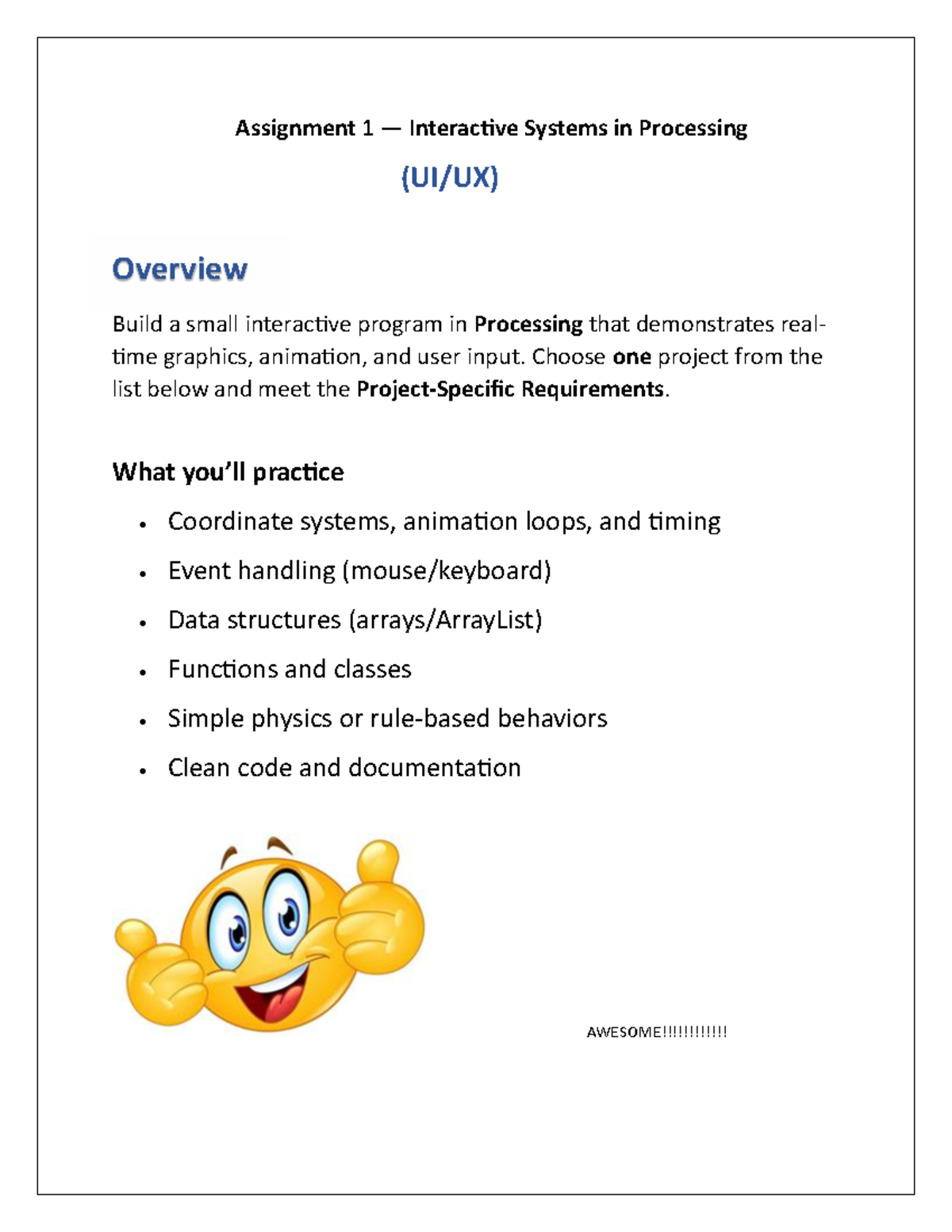 Assignment 1: Interactive Systems Project Overview in Processing - Studocu
