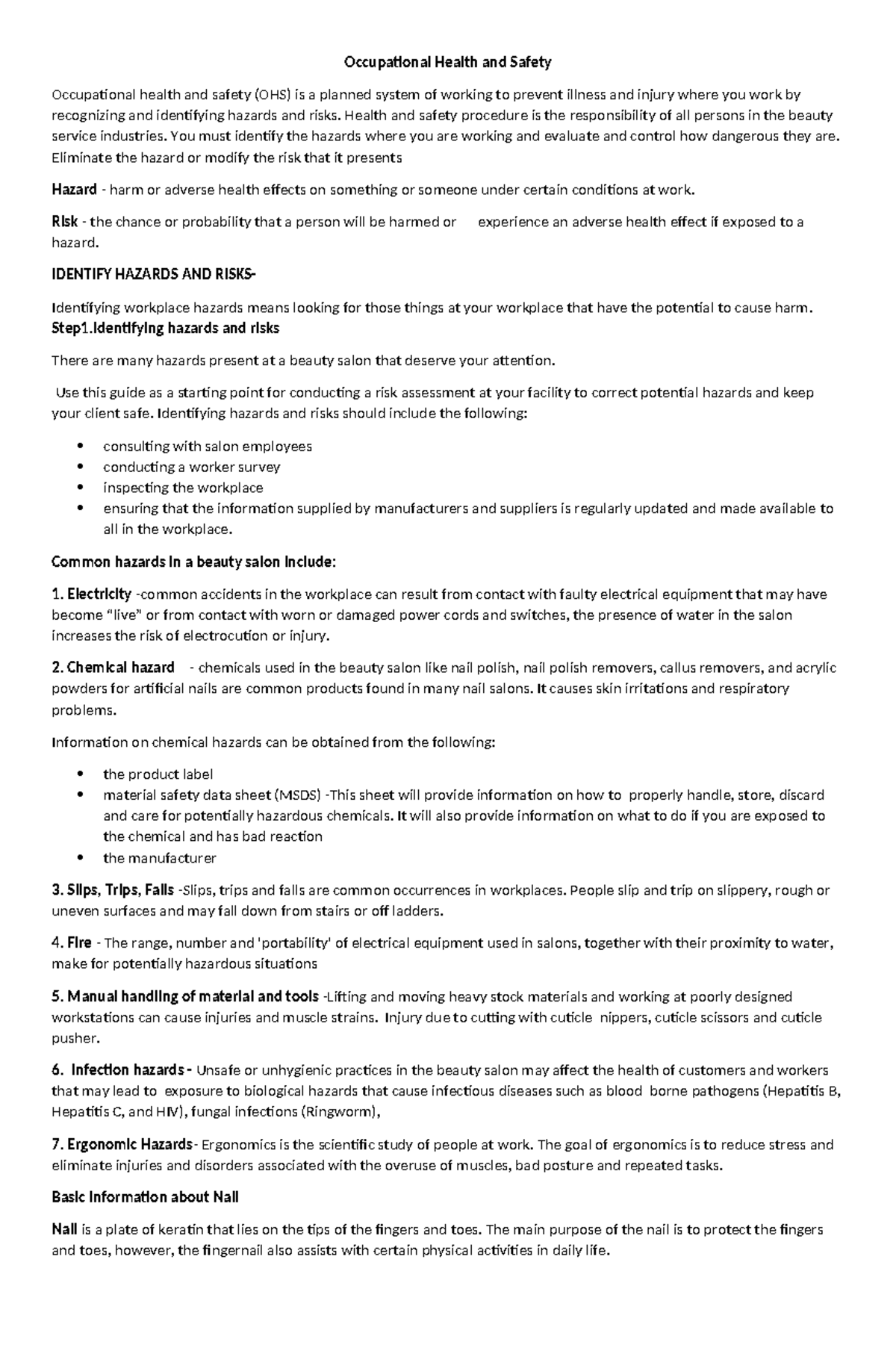 OHS in Beauty Services: Identifying Hazards and Risks - Studocu