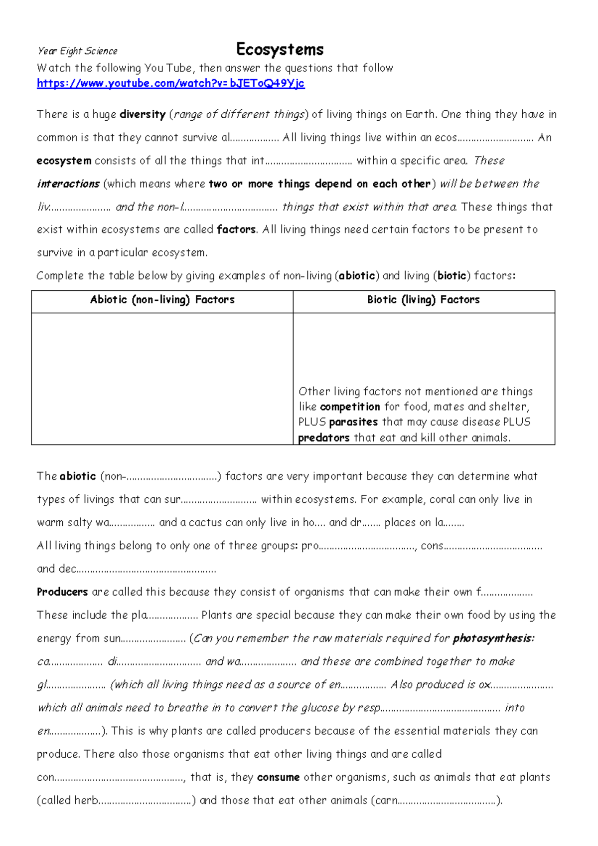 Ecosystems Worksheet for Year 8 Science: Understanding Interactions ...