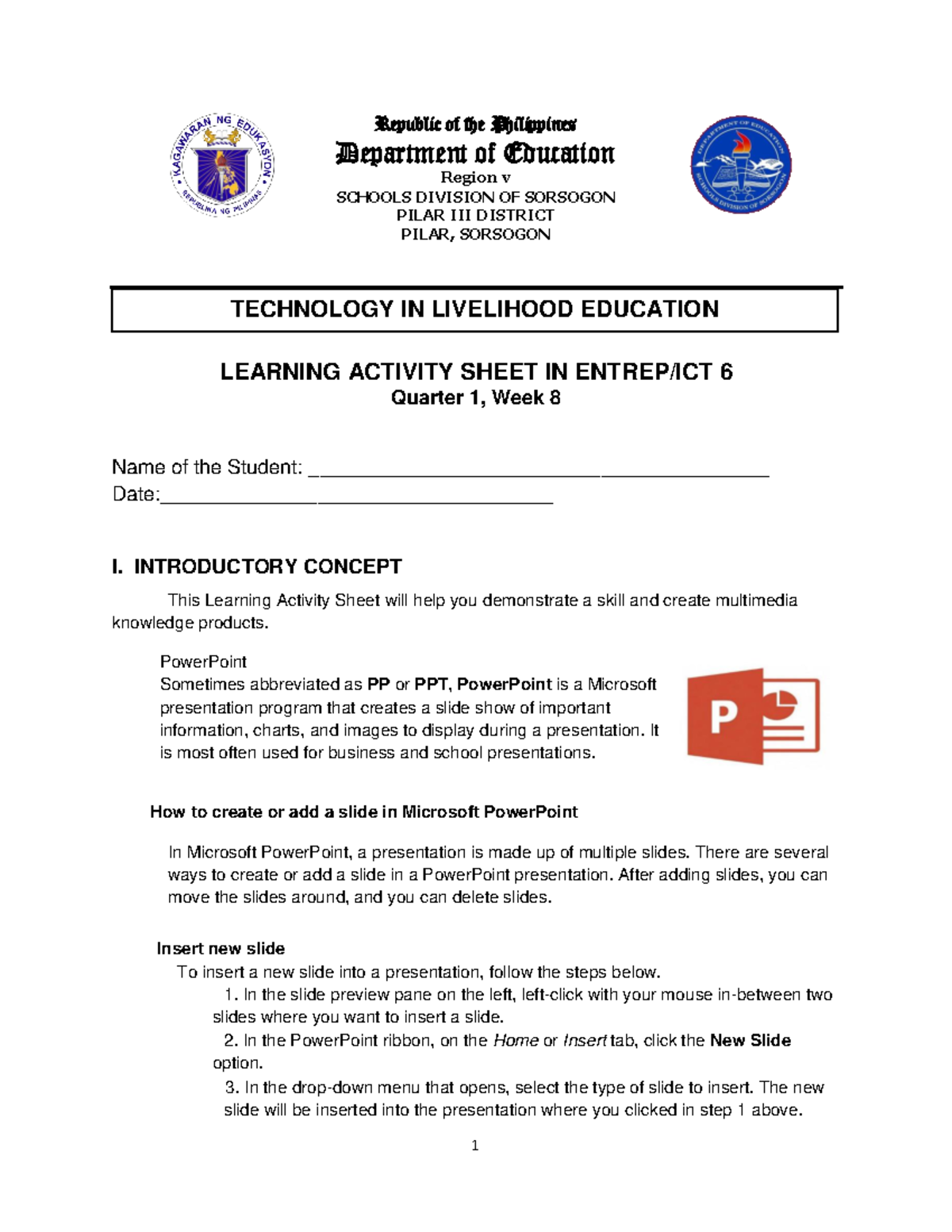 ICT6 Quarter 1, Week 8 Learning Activity: PowerPoint Skills - Studocu