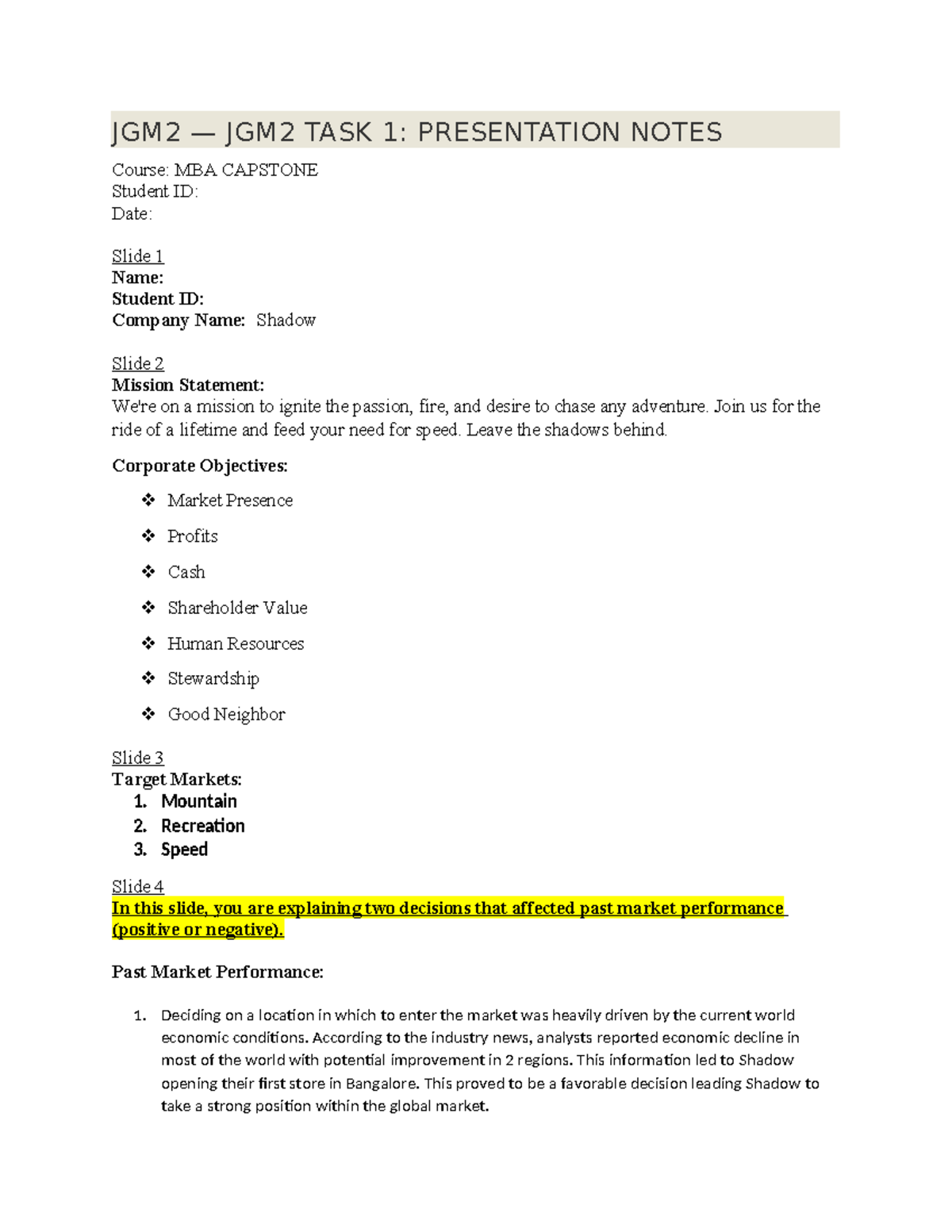 MBA Capstone - Task 1 Presentation Notes for Shadow Company - Studocu