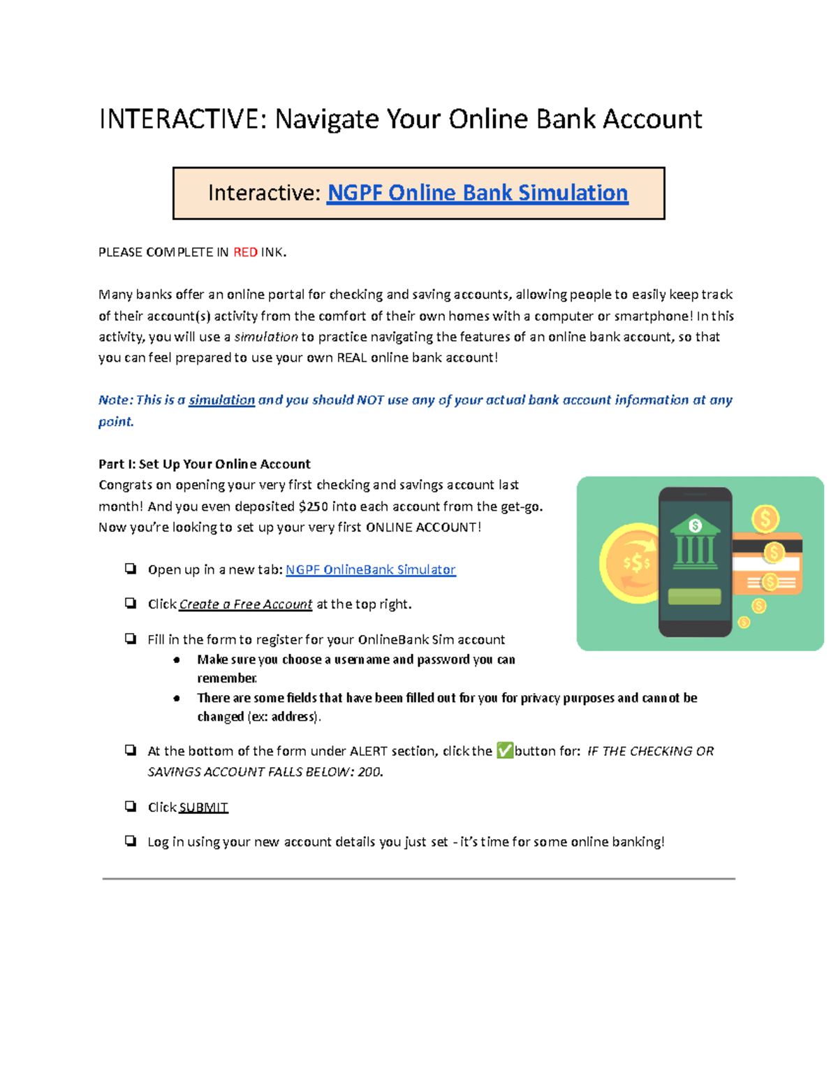 NGPF Online Banking Simulator Activity Guide and Instructions - Studocu