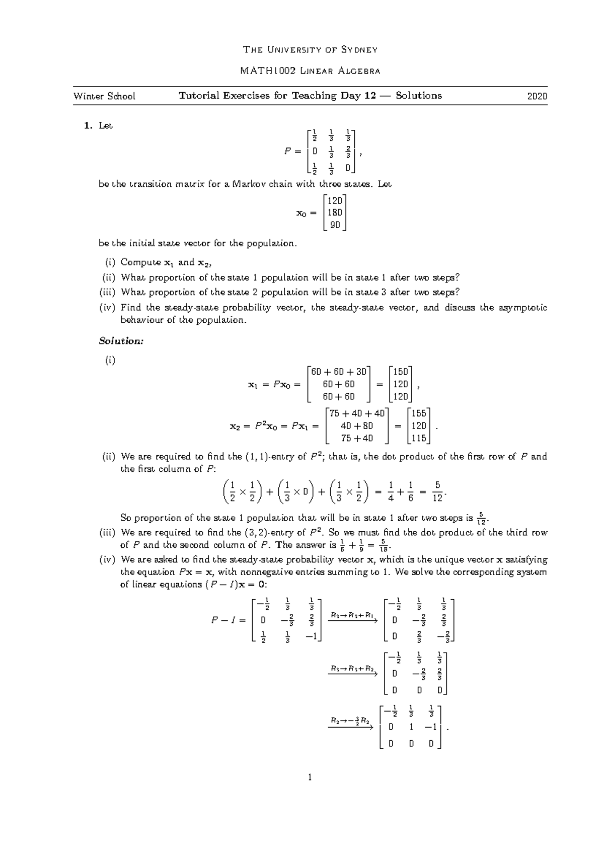 Tut 12-solutions - The University of Sydney MATH1002 Linear Algebra ...