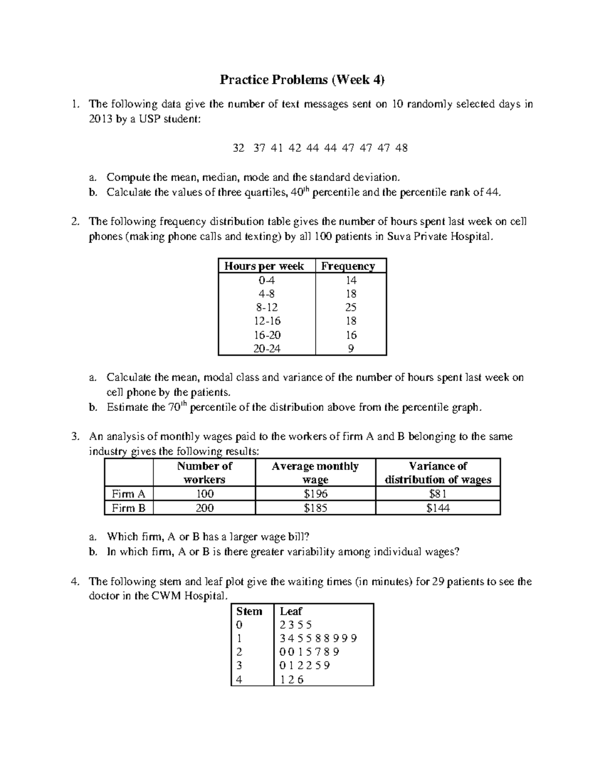 Statistical Practice Problems (Week 4) Analysis and Solutions - Studocu