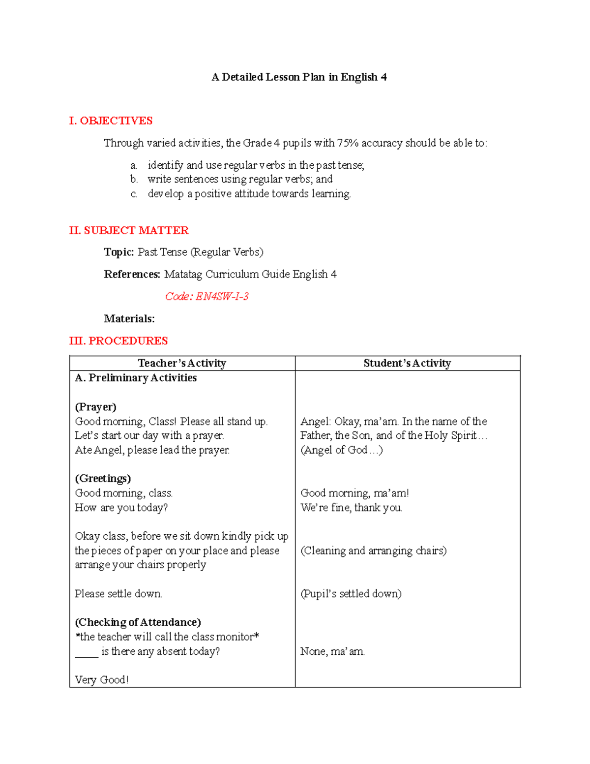 Detailed Lesson Plan: Simple Past Tense - EN4SW-I- - Studocu