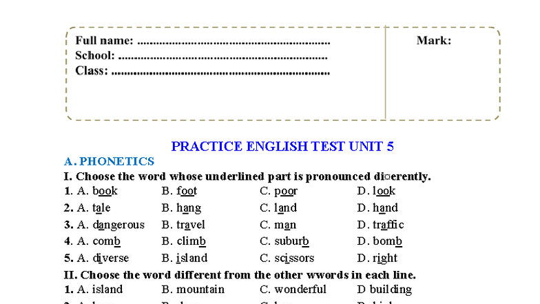 Practice Test - UNIT 5: Phonetics & Vocabulary Review - Studocu
