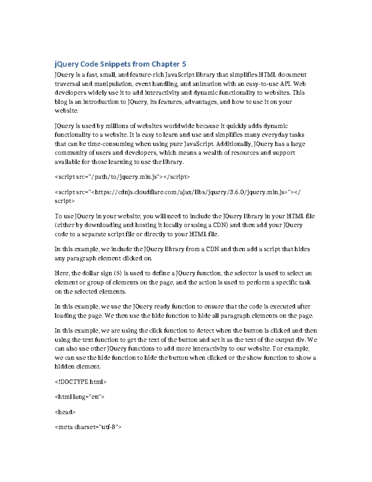 Chapter 5: jQuery Code Snippets for Dynamic Web Development - Studocu