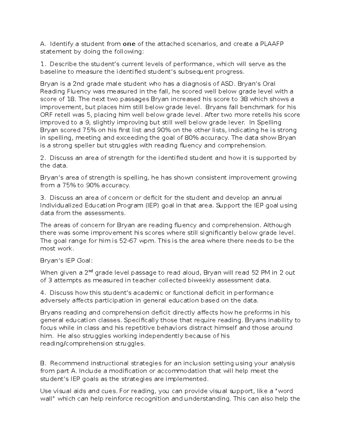 D230 Task 1 - Creating a PLAAFP Statement and IEP Goals for Bryan - Studocu