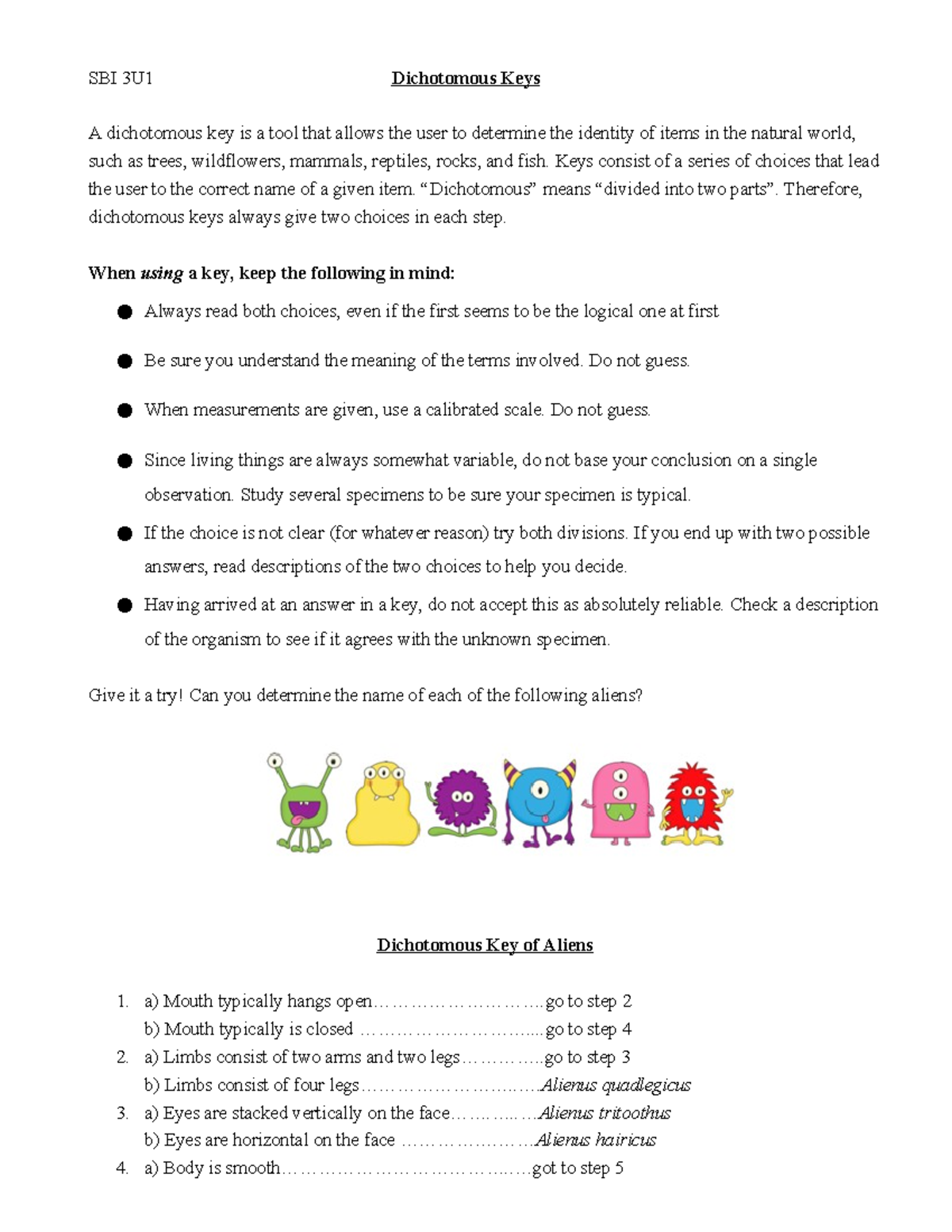 SBI 3U1 Lesson on Creating a Dichotomous Key for Organisms - Studocu