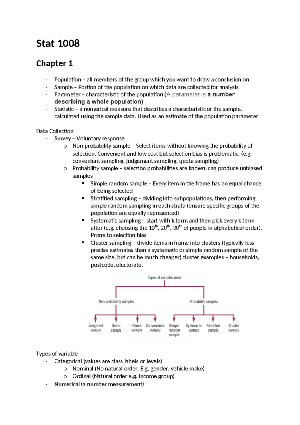 Stat 1008 Notes - Stat 1008 Chapter 1 Population – all members of the ...