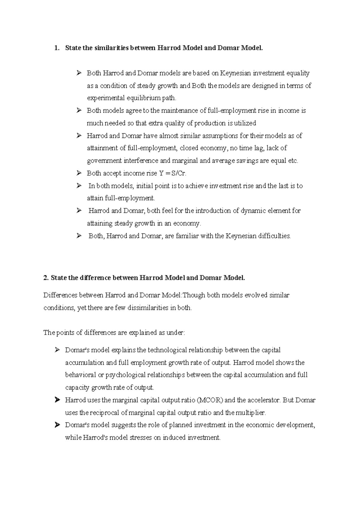 Comparative Analysis of Harrod and Domar Models: Key Insights - Studocu