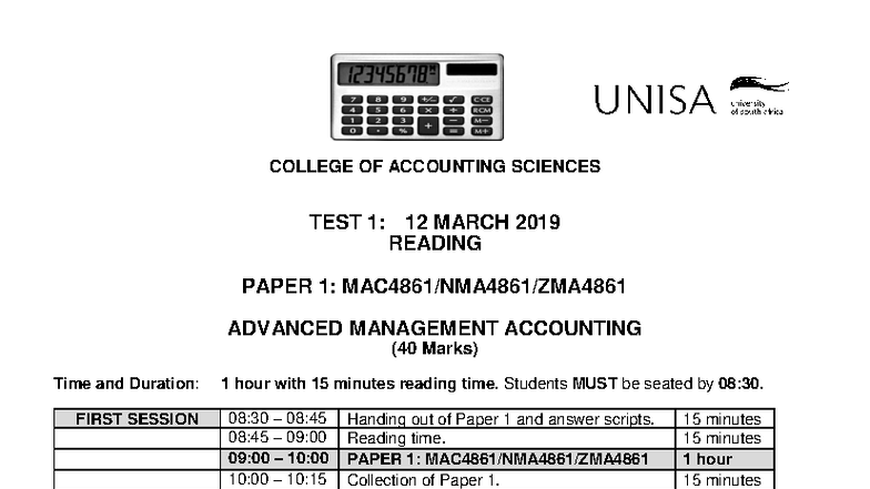 Test 1 2019 - TEST2 - COLLEGE OF ACCOUNTING SCIENCES TEST 1: 12 MARCH ...