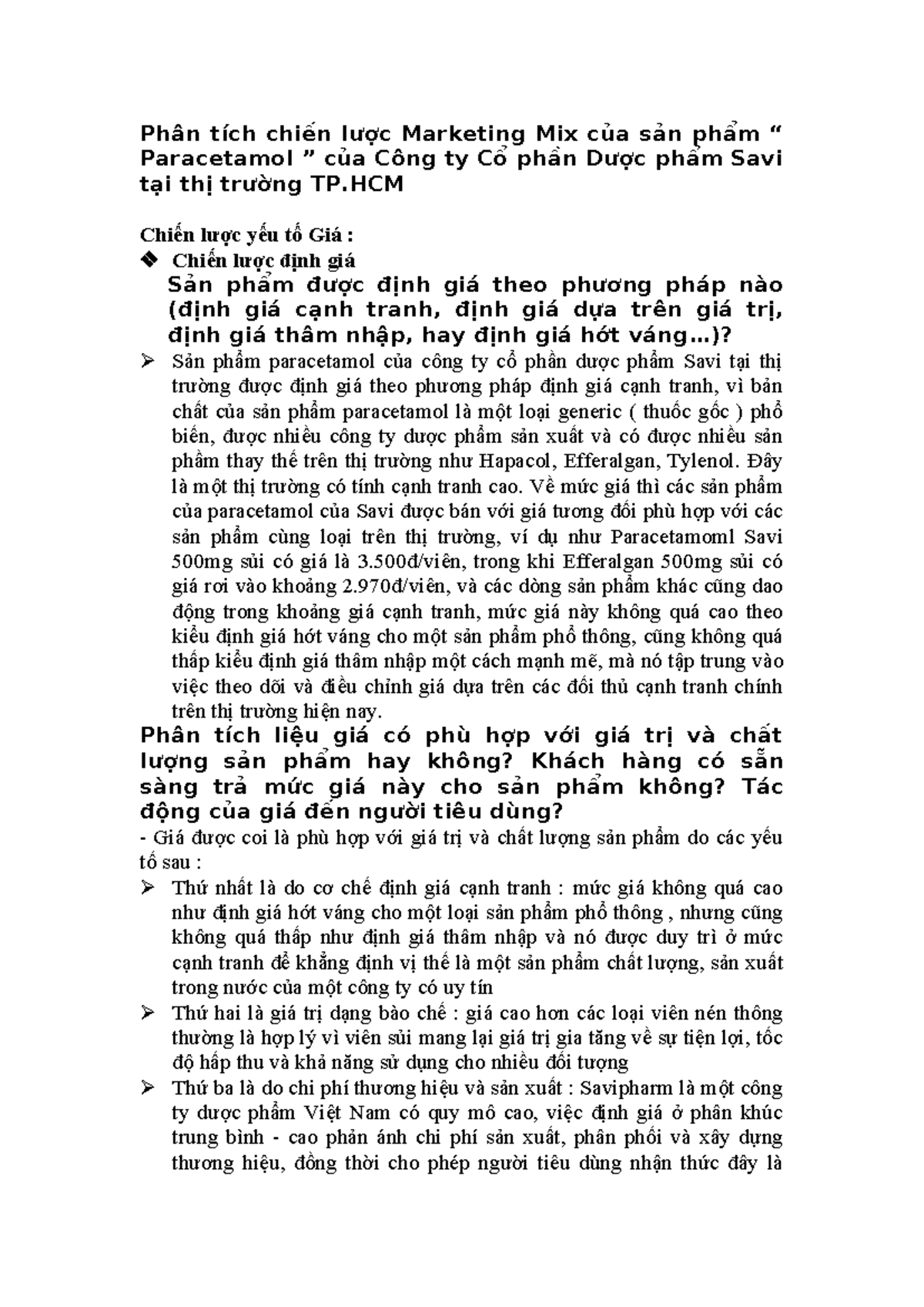 Phân Tích Chiến Lược Giá của Paracetamol Savi tại TP.HCM - Studocu