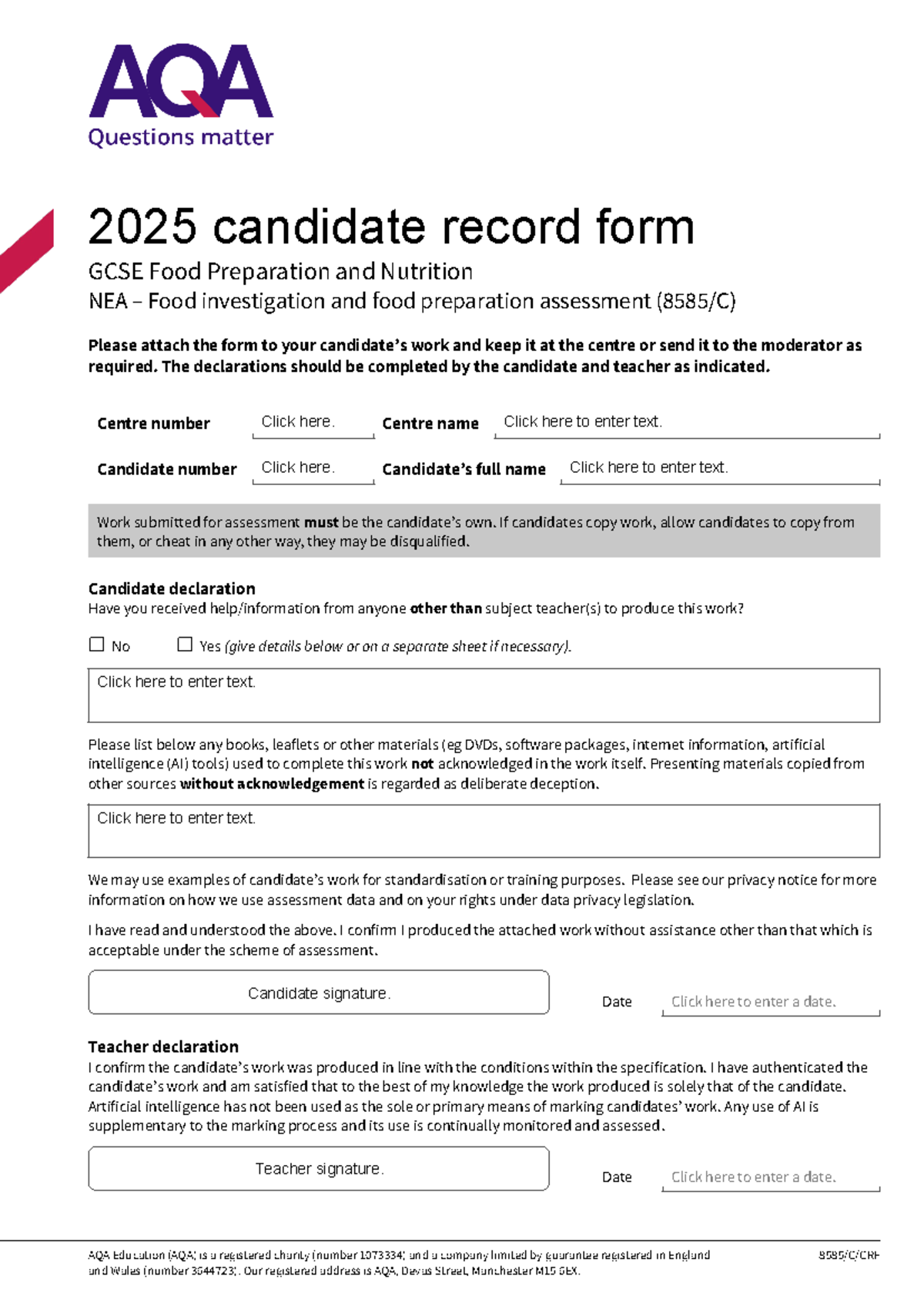 AQA 8585/C Candidate Record Form for Food Assessment 2025 - Studocu